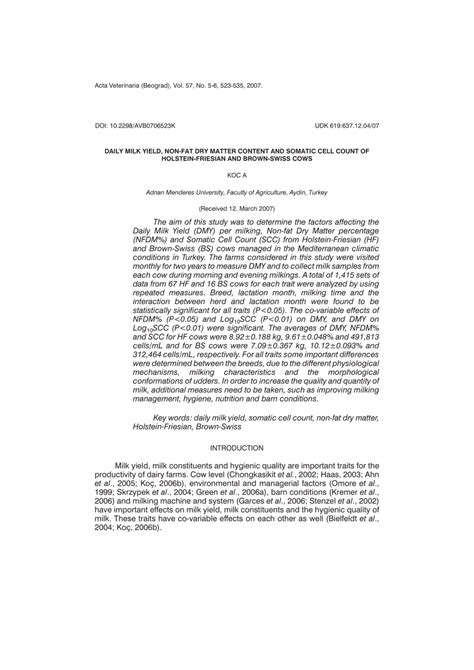 Pdf Daily Milk Yield Non Fat Dry Matter Content And Somatic Cell Count Of Holstein Friesian