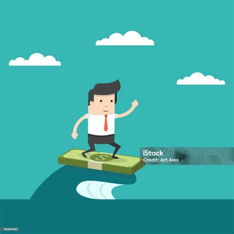 파도에 서핑 사업가 비즈니스 성공 도전 위험 용기의 상징 플랫 만화 스타일입니다 벡터 그림입니다 개념에 대한 스톡 벡터 아트 및