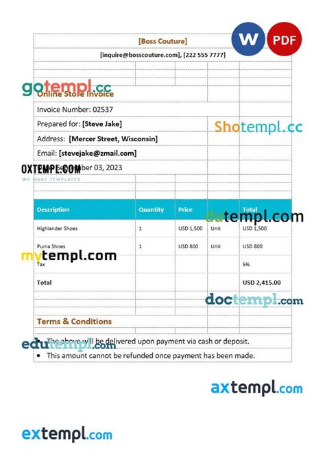 Online Store Invoice Template In Word And Pdf Format Download At Gotempl Pro