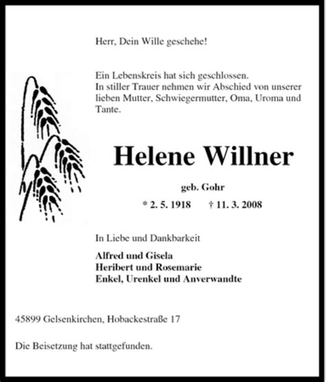 Traueranzeigen Von Helene Willner Trauer In NRW De