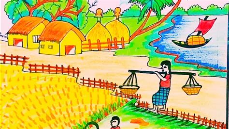 Autumn Scenery Drawing How To Draw Village হেমন্তকালের দৃশ্য আকা