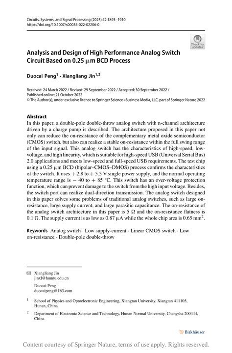 Analysis And Design Of High Performance Analog Switch Circuit Based On 0 25 μm Bcd Process