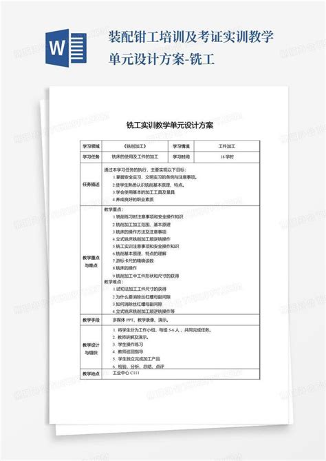 装配钳工培训及考证实训教学单元设计方案 铣工Word模板下载 编号qenapgje 熊猫办公