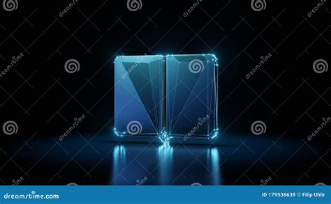3d Rendering Wireframe Neon Glowing Symbol Of Reading On Black Background With Reflection Stock