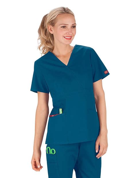 Dickies Eds Signature Scrubs For Women Empire Waist Mock Wrap Top In