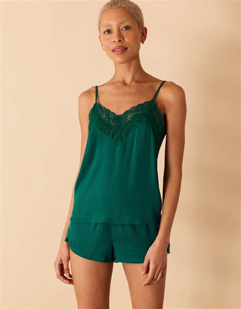Satin Lace Trim Vest Pyjama Set Teal Nightwear Accessorize Uk