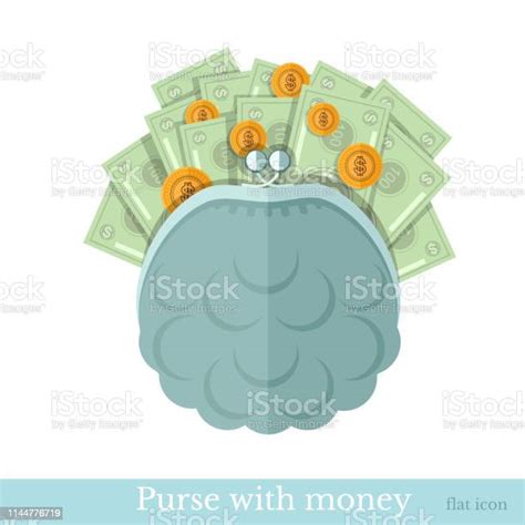골드 동전을 가진 편평한 지갑 또는 주머니에 백색에 법안 0명에 대한 스톡 벡터 아트 및 기타 이미지 0명 가방 개념