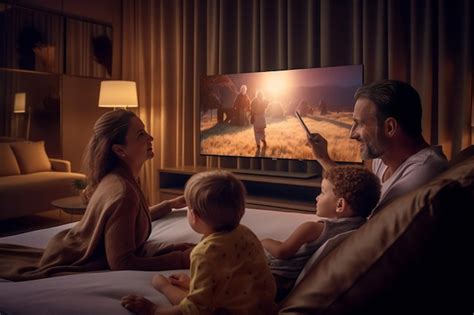 Familia feliz sentada en una cama de hotel y viendo televisión IA
