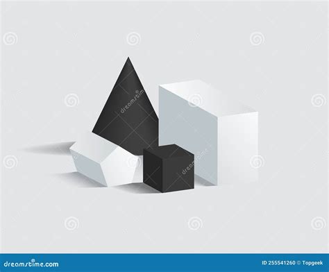 Black Cone And Cube Cuboid And Pentagrammic Prism Stock Vector
