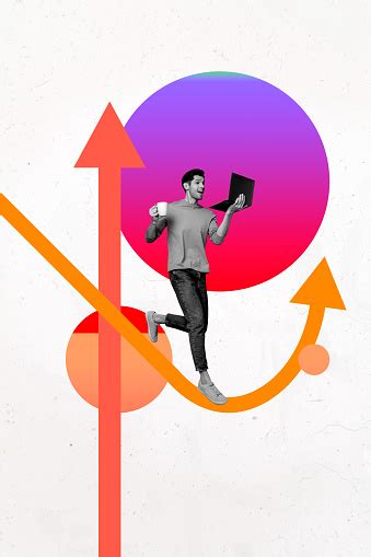 수직 스케치 3d 콜라주 포스터 행복 사업가 실행 노트북 화살표 개발 경력 승진 보류 커피 컵 성공 25 29세에 대한 스톡