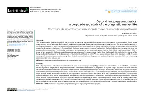 Pdf Second Language Pragmatics A Corpus Based Study Of The Pragmatic Marker Like