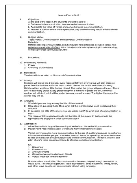 Lesson Plan In Oral Communication Pdf Nonverbal Communication