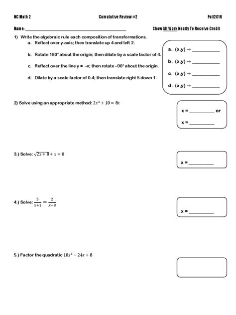 Nc Math 2 Cumulative Review 2 Quadratic Equation Elementary Mathematics