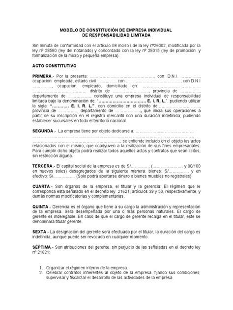 Modelo De Constitución De Empresa Individual Pdf Business