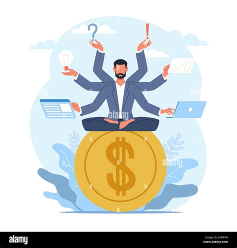 Financial Guru Man In Lotus Pose Sitting On Coin Money And Investment