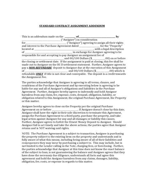 Contract Assignment Form Template Free Download