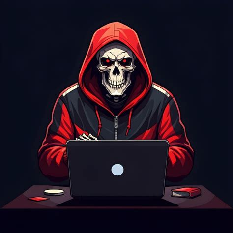 Cartoon Cyber Security Illustration Of Ghost Skull Hacker Operating