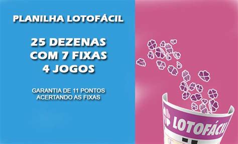 Planilha Lotofácil 25 dezenas 7 fixas em 4 Jogos Lotocerta
