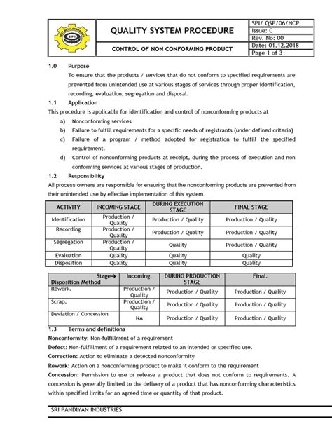 Qsp 06 Control Of Non Conforming Product Pdf Business