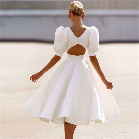 심플 짧은 희자 긴 드레스 2022 여름 짧은 퍼프 슬리브 등이 파인 O 목 발목 길이 신부 파티 가운 새틴 섹시한 웨딩 드레스