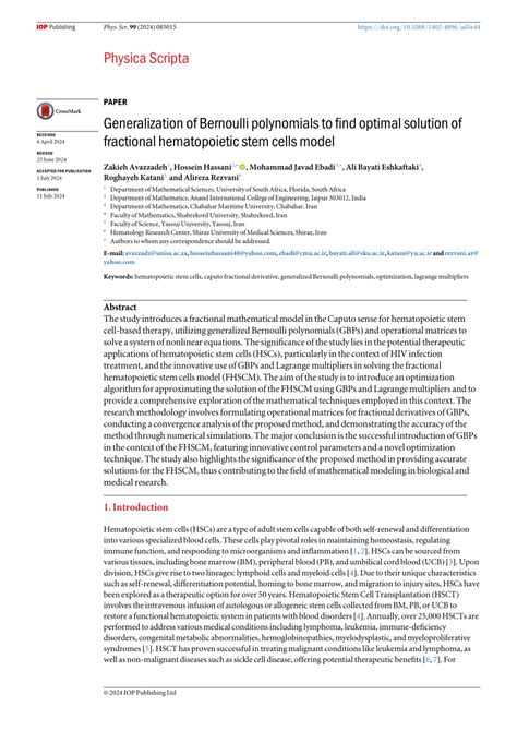 Generalization Of Bernoulli Polynomials To Find Optimal Solution Of Fractional Hematopoietic