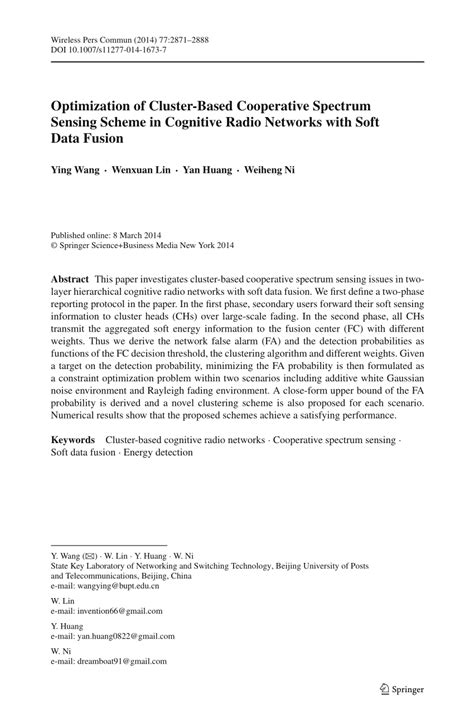 Pdf Optimization Of Cluster Based Cooperative Spectrum Sensing Scheme