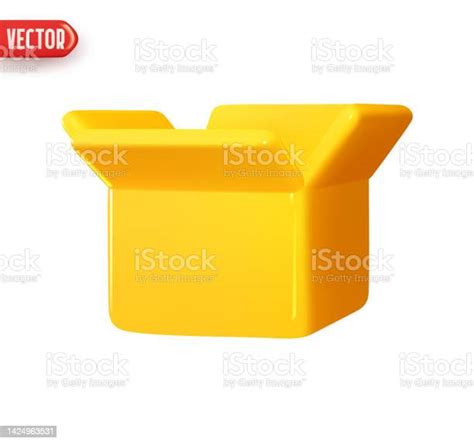 사각형 양식을 상자를 엽니다 골판지 포장 현실적인 3d 디자인 플라스틱 만화 스타일에서 흰색 배경에 고립 된 노란색 아이콘 벡터