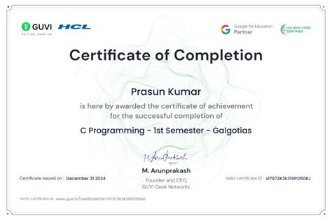 🎓 course completion guvi c programming course 💻 prasun gautam
