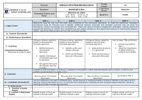 Week 4 Dll Structuralis Formalist Approach Grades 1 To 12 Daily