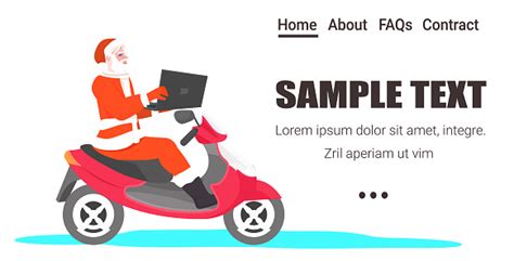 산타 클로스 운전 스쿠터와 노트북 메리 크리스마스 새해 휴일 축하 개념을 사용하여 12월에 대한 스톡 벡터 아트 및 기타 이미지