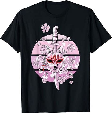 Kitsune Mask Japanese Nine Tailed Fox Cherry Blossom Flowers T Shirt