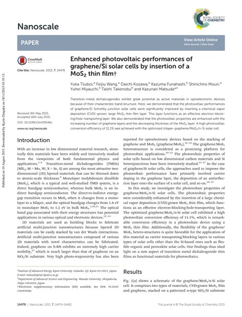 Pdf Enhanced Photovoltaic Performances Of Graphenesi Solar Cells By Insertion Of An Mos2 Thin