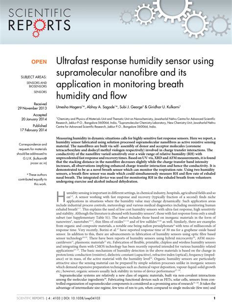 Pdf Ultrafast Response Humidity Sensor Using Supramolecular Nanofibre