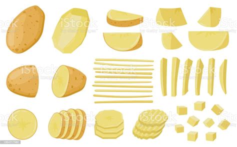 만화 슬라이스 감자 다진 쐐기와 빨대 원시 감자 껍질을 벗긴 감자 뿌리 채소 슬라이스 된 생 식품 벡터 일러스트레이션 세트 감자