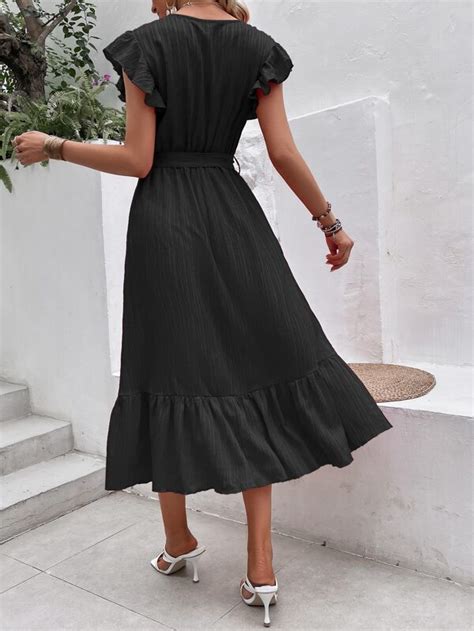 Butterfly Sleeve Ruffle Hem Belted Dress Shein Usa