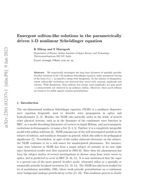 pdf emergent soliton like solutions in the parametrically driven 1 d