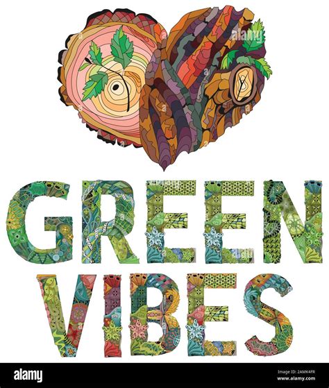 Green Vibes Doodle Heart With Tree Bark Texture And Young Shoots Stock