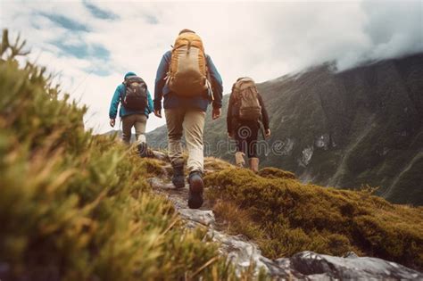 Adventurous Tourists Trek Through The Mountainous Terrain Taking In