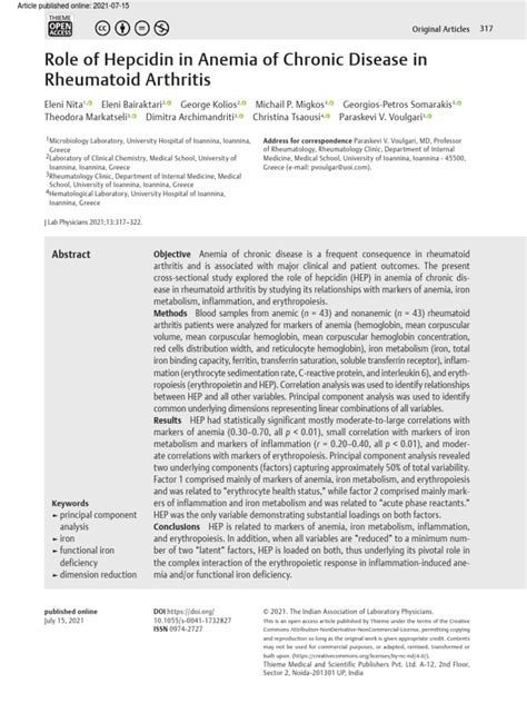 Role Of Hepcidin In Anemia Of Chronic Disease In Rheumatoid Arthritis