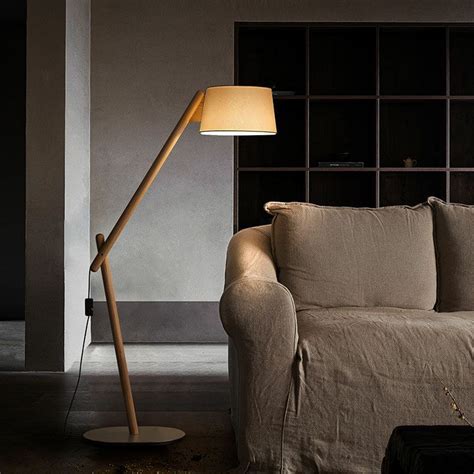 Modern Solid Wood Floor Lamp With Rotary Switch Linen Shade And Swing