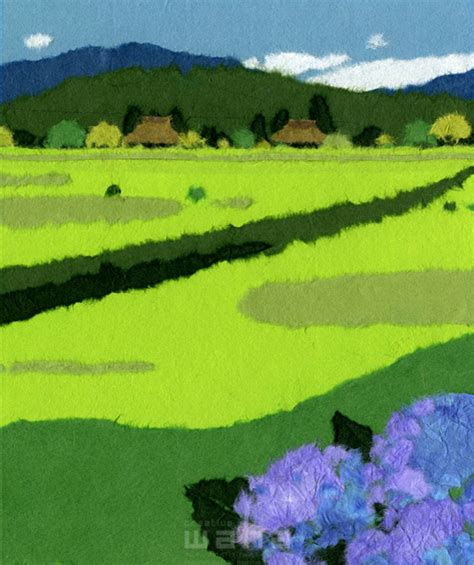 ちぎり絵、切り絵、和紙、クラフト、日本、情緒、風情、風景画、景色、自然、花、あじさい、山並み、夏、里山、田舎 イラスト作品紹介
