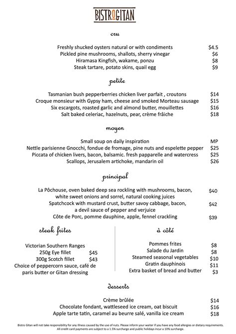 Menu At Bistro Gitan Restaurant South Yarra 52 Toorak Rd West