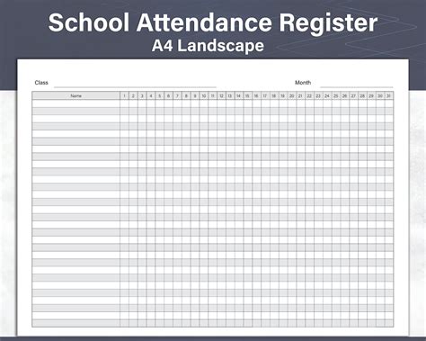 School Attendance Register Sheet Class Attendance Log Monthly Attendance Tracker A4 Landscape