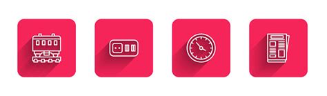 세트 라인 여객 열차 차량 전기 콘센트 기차역 시계 및 긴 그림자가 있는 뉴스 빨간색 사각형 버튼입니다 벡터 공항에 대한 스톡 벡터 아트 및 기타 이미지 Istock