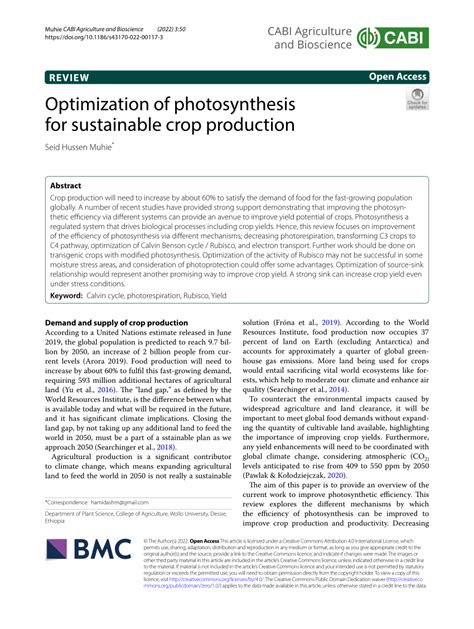 Pdf Optimization Of Photosynthesis For Sustainable Crop Production