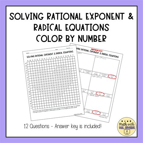 Valentines Day Solving Rational Exponents And Radical Equations Color By Number Worksheet Algebra