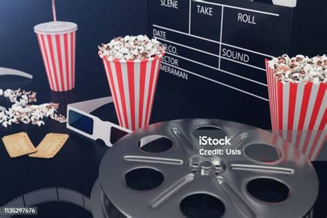 팝콘 음료 클 래퍼 보드 필름 및 두 개의 티켓의 3d 그림 어두운 배경에 시네마 개념 3d 안경에 대한 스톡 사진 및 기타 이미지 Istock