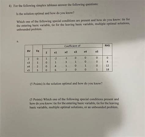 Solved 4 For The Following Simplex Tableaus Answer The