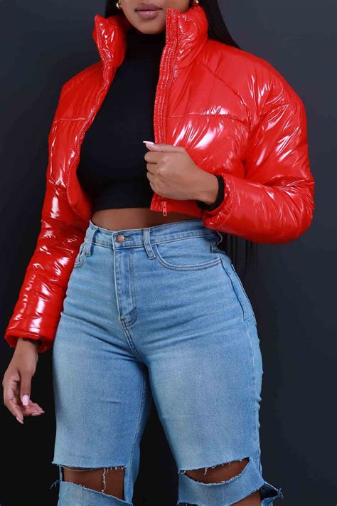 Blast Off Cropped Latex Puffer Coat Red