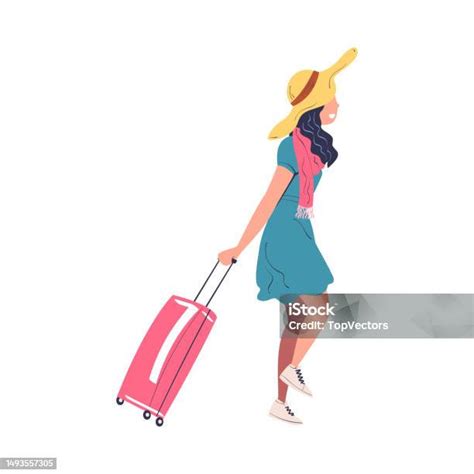 여행 가방을 들고 모자를 쓴 여자 캐릭터는 여행 벡터 일러스트레이션을 가지고 여름 휴가를 간다 걷기에 대한 스톡 벡터 아트 및 기타 이미지 Istock